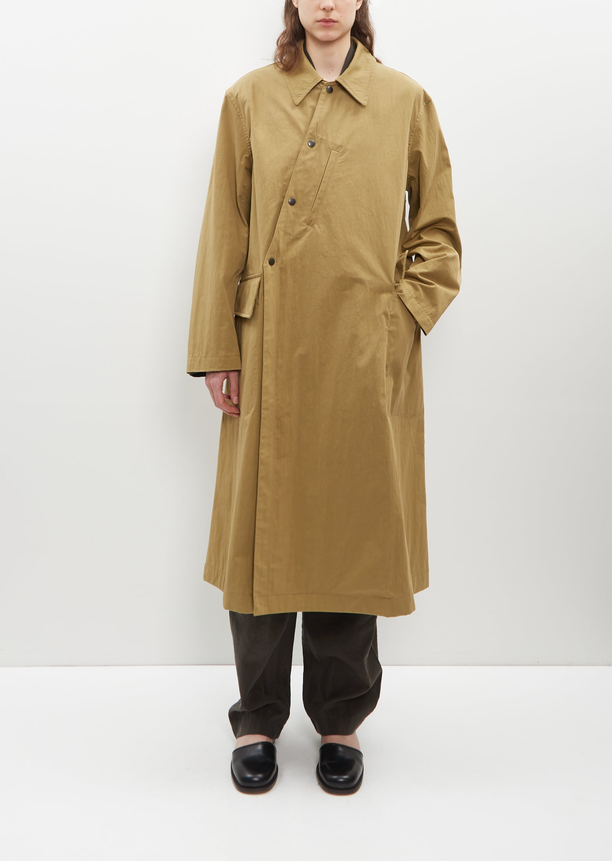 Cotton Blend Asymmetrical Raincoat — Ochre Khaki – La Garçonne Cotton Blend Asymmetrical Raincoat — Ochre Khaki – La Garçonne